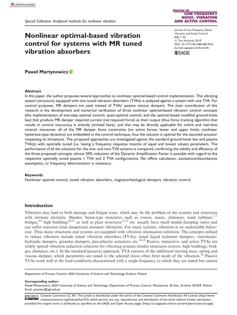 Pdf Nonlinear Optimal Based Vibration Control For Systems With Mr Tuned Vibration Absorbers