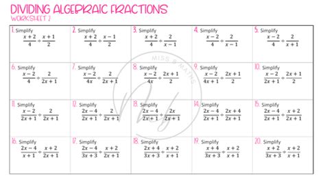 Dividing Algebraic Fractions Worksheets Teaching Resources