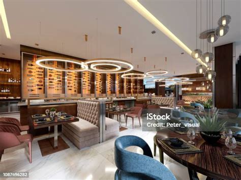 절묘 한 현대 가구를 가진 현대 스타일 및 숨겨진 조명 디자이너 Listroy 럭셔리 레스토랑 브랜드 레스토랑의 인테리어 디자인입니다 0명에 대한 스톡 사진 및 기타 이미지