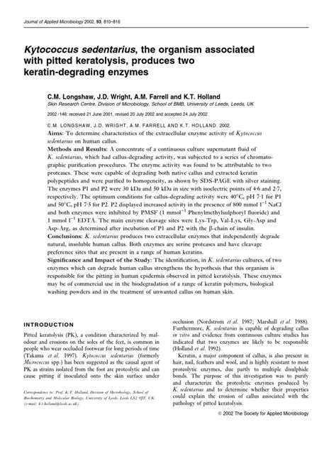 Kytococcus Sedentarius The Organism Associated Pdf Chromatography Molecular Biology