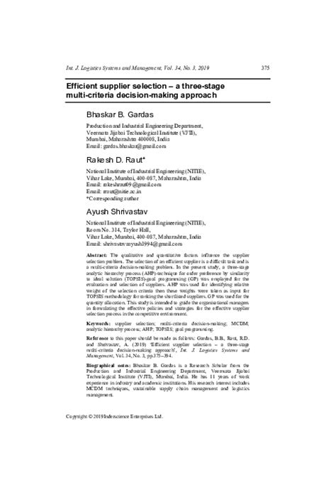 Pdf Efficient Supplier Selection A Three Stage Multi Criteria Decision Making Approach