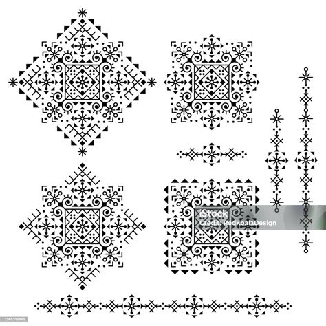 기하학적 부족 라인 아트 벡터 디자인 세트 정사각형과 긴 장식품 오래된 북유럽 바이킹 룬 아트에서 영감을 흑백현대 최소한의 패턴 컬렉션 검은색에 대한 스톡 벡터 아트 및