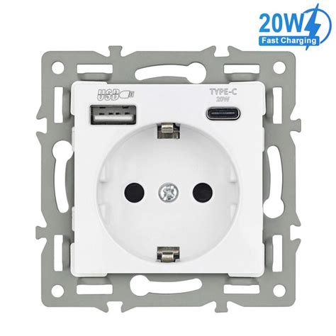 Характеристики Механизм розетки без рамки с Usb Type C Аc быстрая зарядка 20w Белый подробное