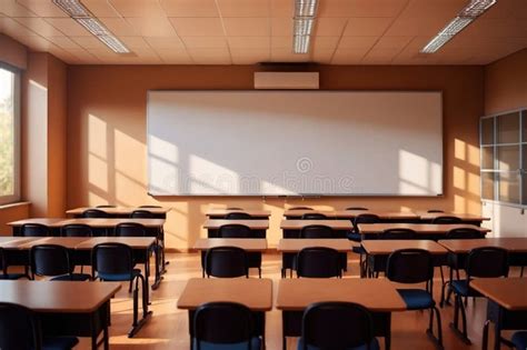 Empty Modern Classroom With Blank Whiteboard Bright Sunny Education