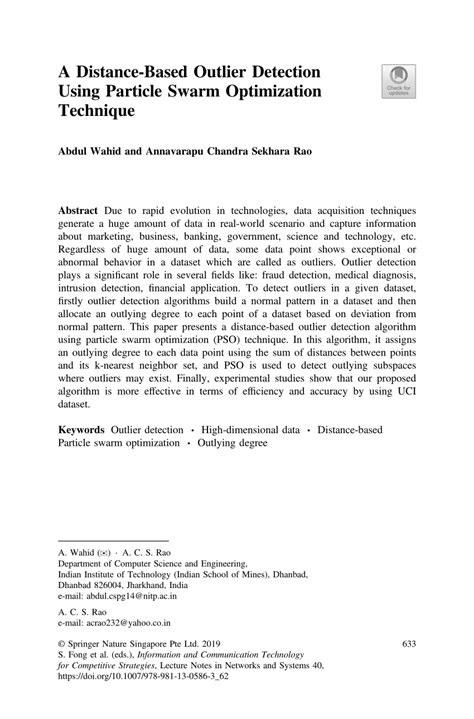 pdf a distance based outlier detection using particle swarm