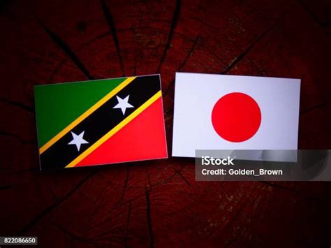 세인트 키츠 네비스 플래그 고립 된 나무 등 걸에 일본 국기와 함께 0명에 대한 스톡 사진 및 기타 이미지 0명