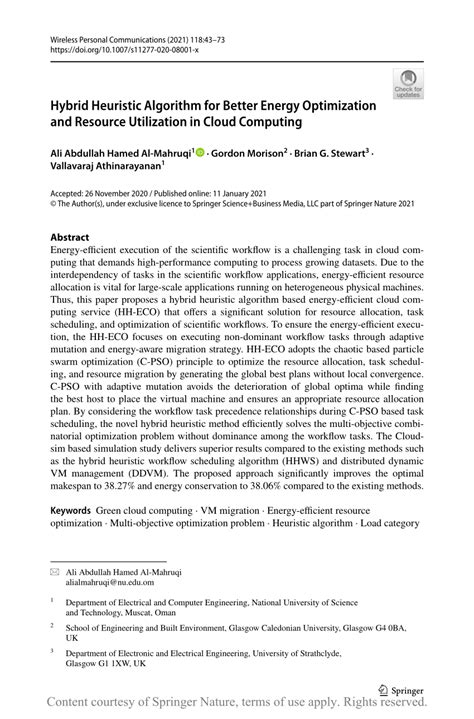 hybrid heuristic algorithm for better energy optimization and resource