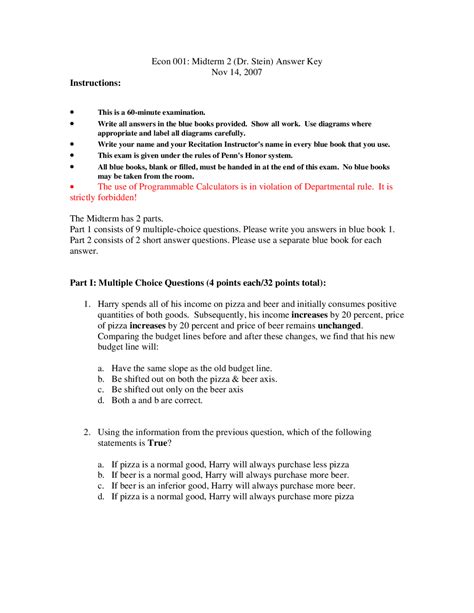 Introduction To Microeconomics Midterm Exam 2 With Answer Key Econ 001 Docsity