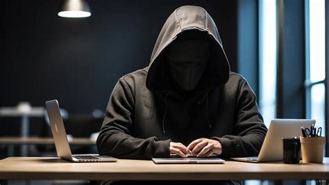 Premium Photo A Person In A Black Hoodie And Mask Is Sitting At A Desk Typing On A Laptop