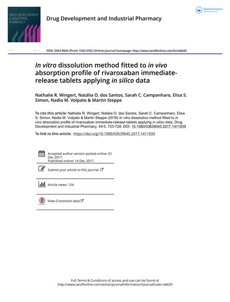 Pdf In Vitro Dissolution Method Fitted To In Vivo Absorption Profile Of Rivaroxaban Immediate