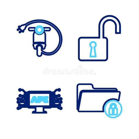 Set Line Folder And Lock Computer Api Interface Open Padlock And