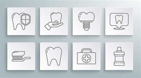 치약 구급 상자 구강 세정제 플라스틱 병 치과 임플란트 클리닉 위치 및 보호 아이콘이 있는 라인 칫솔을 설정합니다 벡터 건강 진단에 대한 스톡 벡터 아트 및 기타 이미지