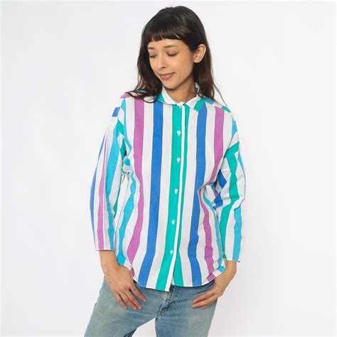 80s Striped Shirt Vertical Purple Blue Teal White Collared Long Sleeve