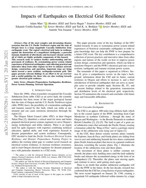 Pdf Impacts Of Earthquakes On Electrical Grid Resilience