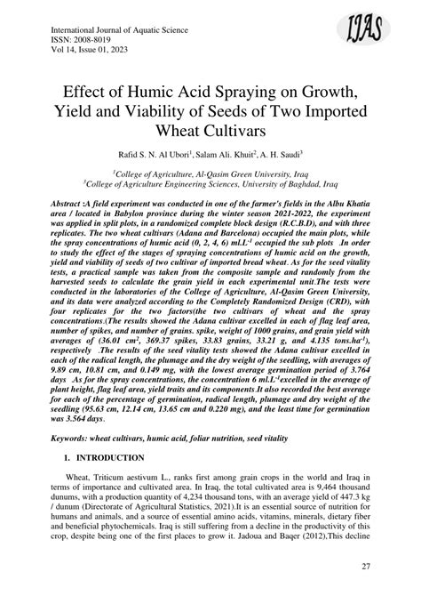 Pdf Effect Of Humic Acid Spraying On Growth Yield And Viability Of Seeds Of Two Imported