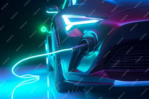 전기 자동차 충전소 네온 조명은 미래형 차량 개념의 Ev 자동차를 디자인합니다 미래 교통 미래형 자율 자동차 생성 Ai 프리미엄 사진