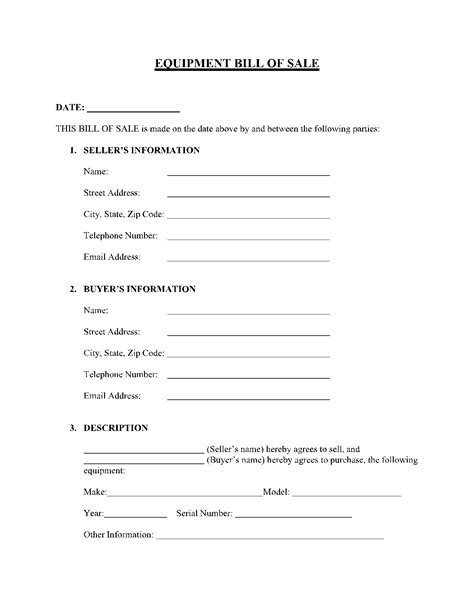 Printable Equipment Bill Of Sale Form