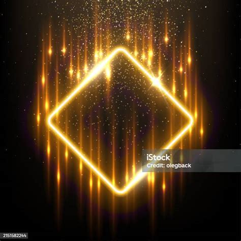 금색 사각형 모양 테두리 와 플래시 광선 그리고 불꽃 벡터 일러스트 레이 션 가장자리와 불타는 플레어 귀중한 보석 및 추상적인 별 먼지가 검은 배경에 빛나는 사실적인 3d