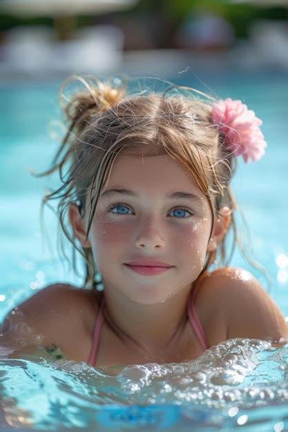 Young Girl Wearing Yellow Swimsuit Lounging In Pool Premium Ai