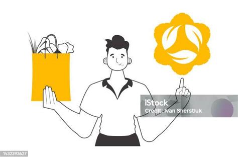 가이 식료품과 에코 로고가있는 패키지 생태 제품의 개념 선화 트렌디 한 스타일 흰색 배경에 고립되어 있습니다 벡터 일러스트레이션 가방에 대한 스톡 벡터 아트 및 기타 이미지