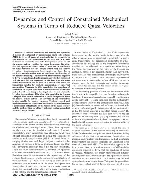 PDF Dynamics And Control Of Constrained Mechanical Systems In Terms Of Reduced Quasi Velocities