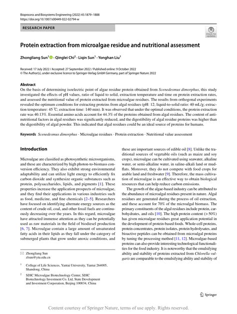 Protein Extraction From Microalgae Residue And Nutritional Assessment