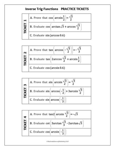 Inverse Trig Functions Exact Value And Composite Functions Practice