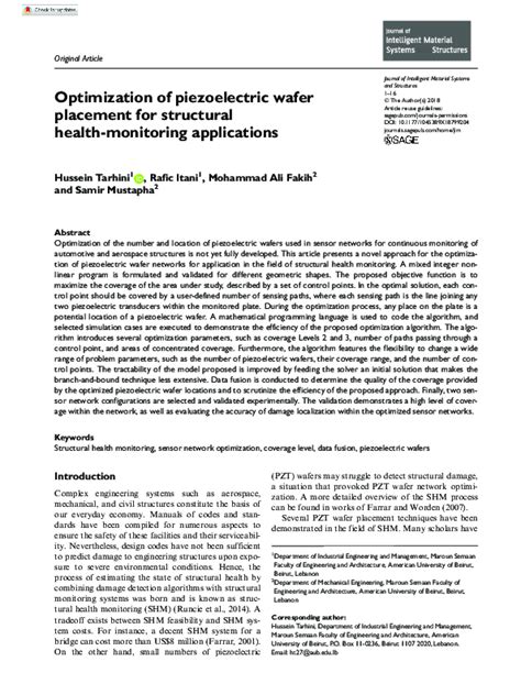 Pdf Optimization Of Piezoelectric Wafer Placement For Structural Health Monitoring Applications