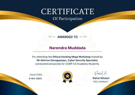 narendra muddada on linkedin ethical hacking mega workshop certificate for participation