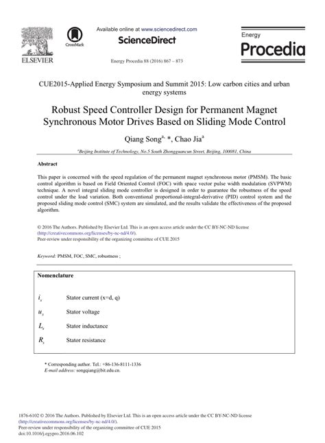 Pdf Robust Speed Controller Design For Permanent Magnet Synchronous Motor Drives Based On