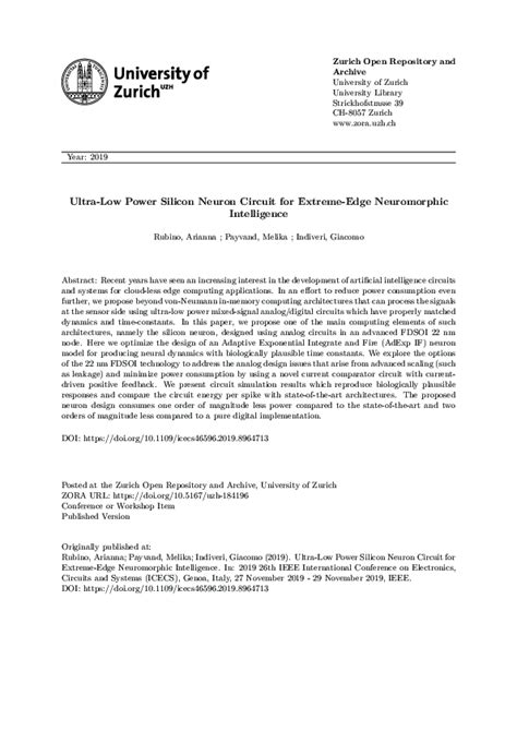 Pdf Ultra Low Power Silicon Neuron Circuit For Extreme Edge