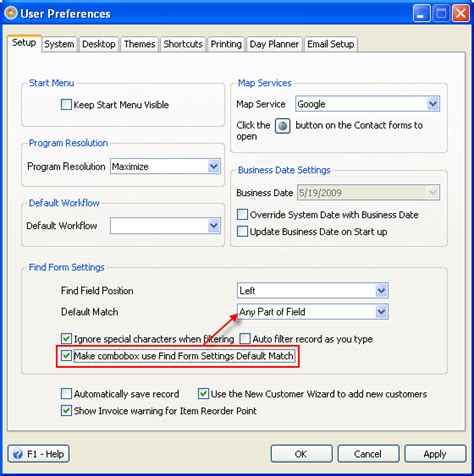 find form make combo box use the find form settings default match