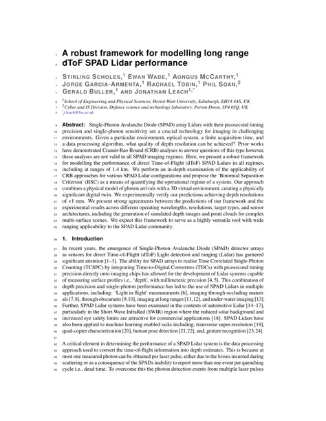 Pdf A Robust Framework For Modelling Long Range Dtof Spad Lidar