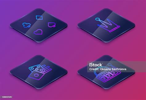 행운의 일곱 잭팟 카드 게임 주사위 크라운과 슬롯 머신을 재생 등극 라인을 설정합니다 파란색 정사각형 버튼 벡터 3차원 형태에 대한 스톡 벡터 아트 및 기타 이미지 Istock