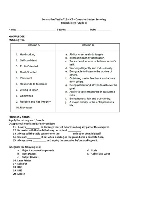 Knowledge Summative Test In Tle Ict Computer System Servicing Pdf Free