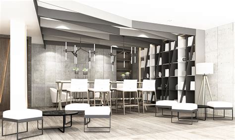 현대 산업 스타일의 인테리어 디자인 3d 렌더링의 대기 공간과 공동 작업 공간이있는 리셉션 메인 홀 0명에 대한 스톡 사진 및 기타 이미지 Istock