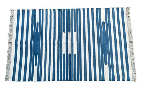 Handmade Cotton Area Flat Weave Rug 3x5 Blue And White Striped