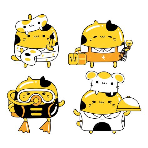 귀여운 고양이 캐릭터 직업의 벡터 일러스트 레이 션 설정 프리미엄 벡터