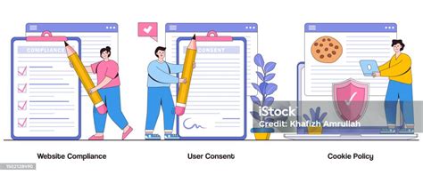 웹 사이트 규정 준수 사용자 동의 캐릭터가 있는 쿠키 정책 개념 디지털 개인 정보 보호 추상 벡터 일러스트레이션 세트입니다 데이터 추적 쿠키 규정 준수 은유 개념에 대한