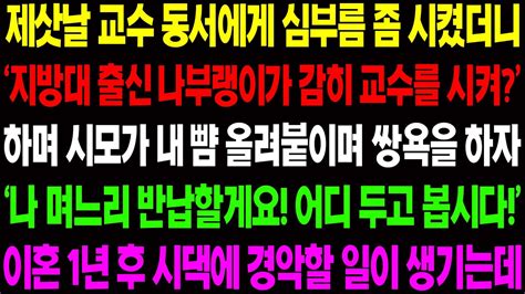 실화사연 제삿날 교수 동서에게 심부름 좀 시켰더니 지방대 출신 나부랭이가 감히 교수를 시켜 하며 시모가 막말하자 경악할 복수를 하는데 사이다 사연 감동사연