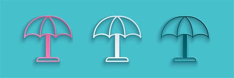종이 는 파란색 배경에 고립 된 해변 아이콘태양 보호 우산을 잘라 야외 공간을위한 큰 파라솔 해변 우산 종이 아트 스타일 벡터