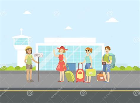 Väntande På Gäster För Turist- Handbok På Flygplatsen, Grupp Av Den Gladlynta Turisten Med ...