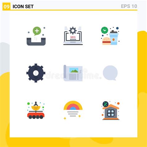 Flat Color Pack Of 9 Universal Symbols Of Help Contact Setting Meal Food Stock Vector