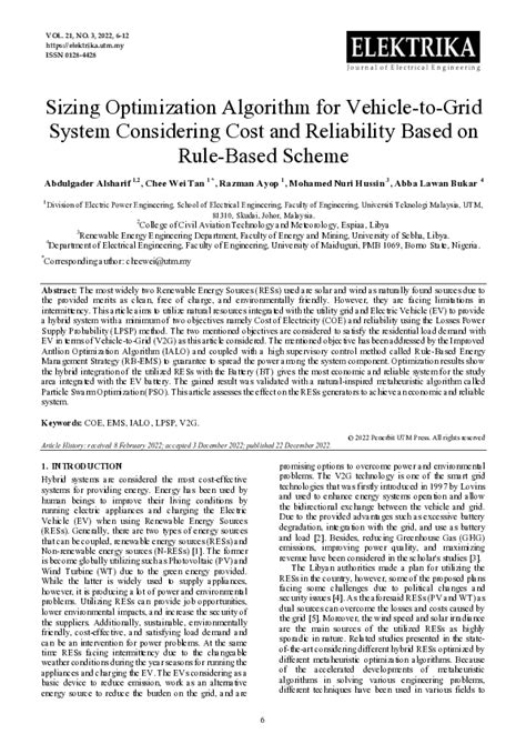 Pdf Sizing Optimization Algorithm For Vehicle To Grid System