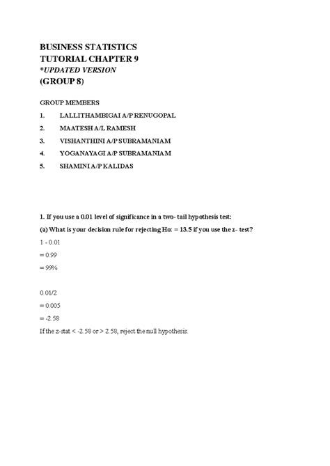 Business Statistics Tutorial Chapter 9 Group 8 Business Statistics Tutorial Chapter 9