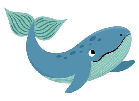 Vector Blue Whale Icon Under The Sea Illustration With Cute Funny Fish