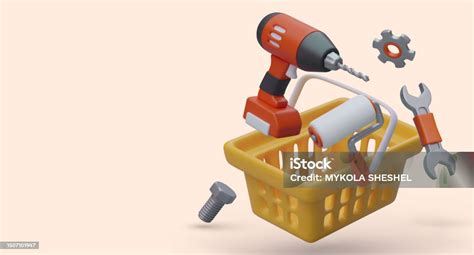 작업 도구가 있는 현실적인 쇼핑 카트 페인트 롤러 브러시 전기 드릴 렌치 볼트 기어 3차원 형태에 대한 스톡 벡터 아트 및 기타 이미지 Istock