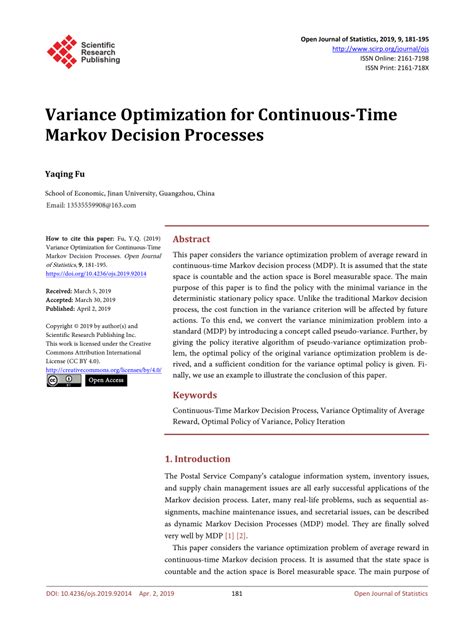 Pdf Variance Optimization For Continuous Time Markov Decision Processes