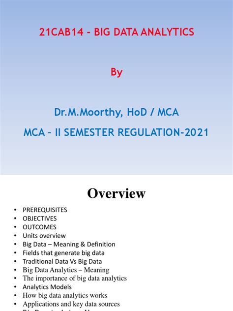 21cab14 Big Data Analytics Drmmoorthy Hod Mca Mca Ii Semester Regulation 2021 Pdf