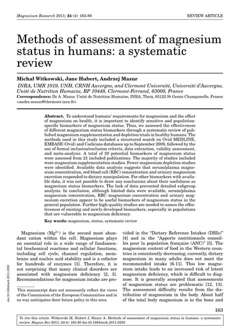 Pdf Methods Of Assessment Of Magnesium Status In Humans A Systematic